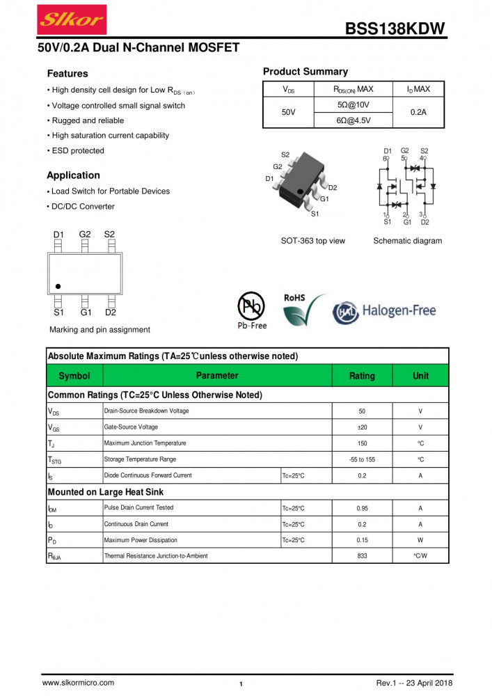 BSS138KDW datasheet page 1