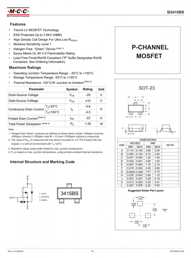 SI3415BS-TP datasheet page 1
