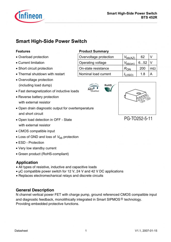 BTS452RAKSA1 datasheet page 1
