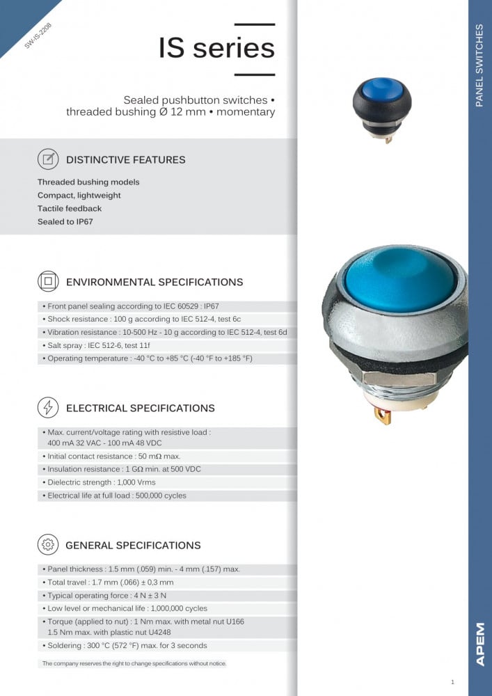 APEM IS series datasheet page 1