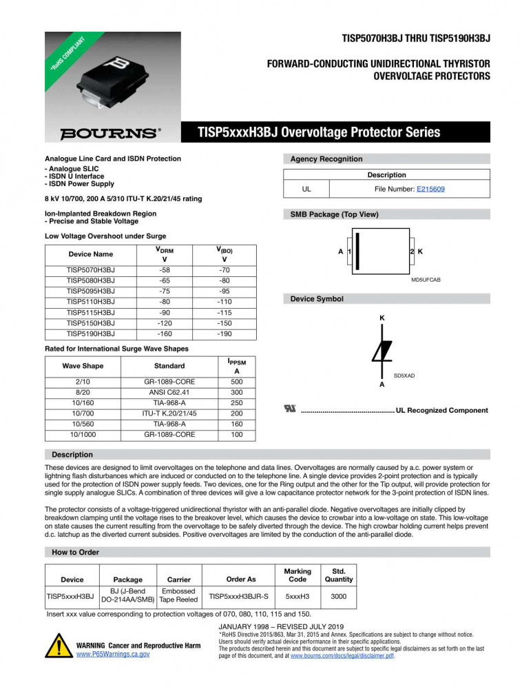 TISP5080H3BJR-S datasheet page 1