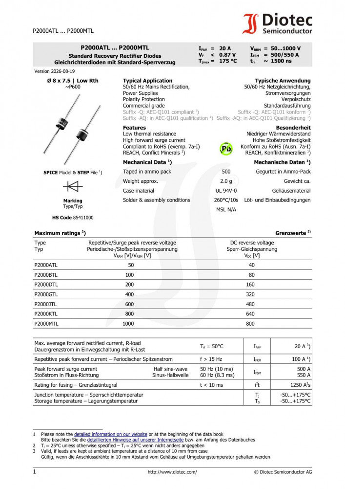 DIOTEC P2000BTL datasheet page 1