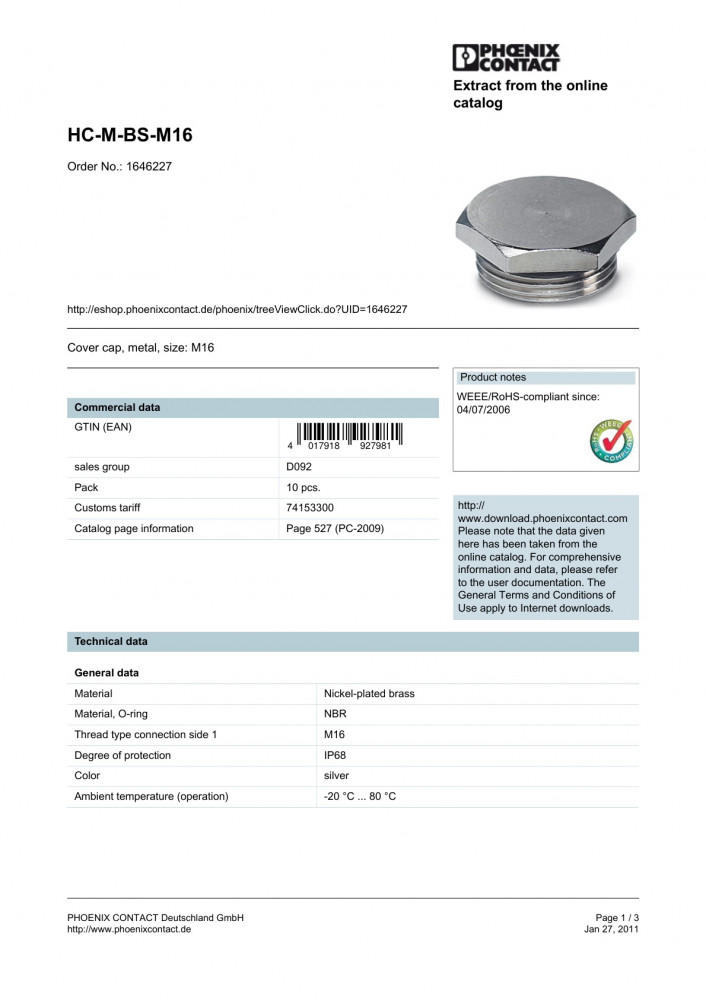 Phoenix Contact HC-M-BS-M16 technical document page 1
