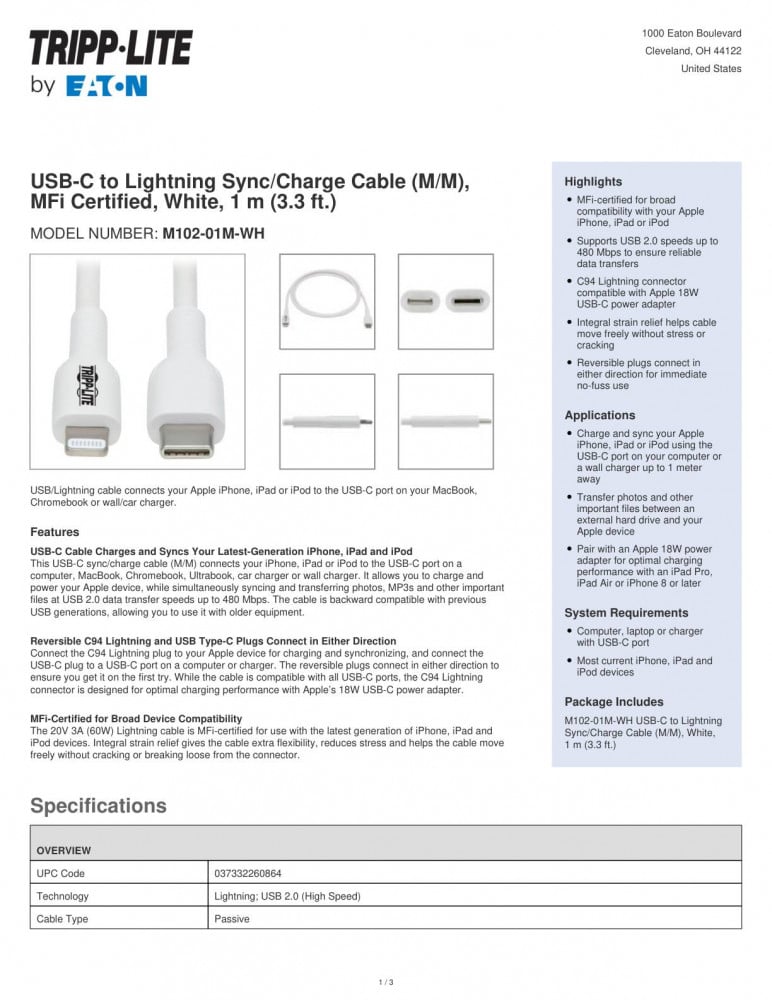 M102-01M-WH technical document page 1