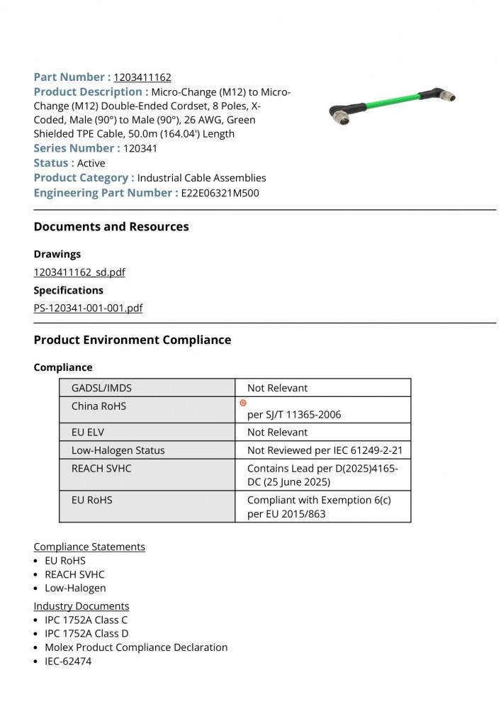 Molex M12 CAT 6A specification page 1