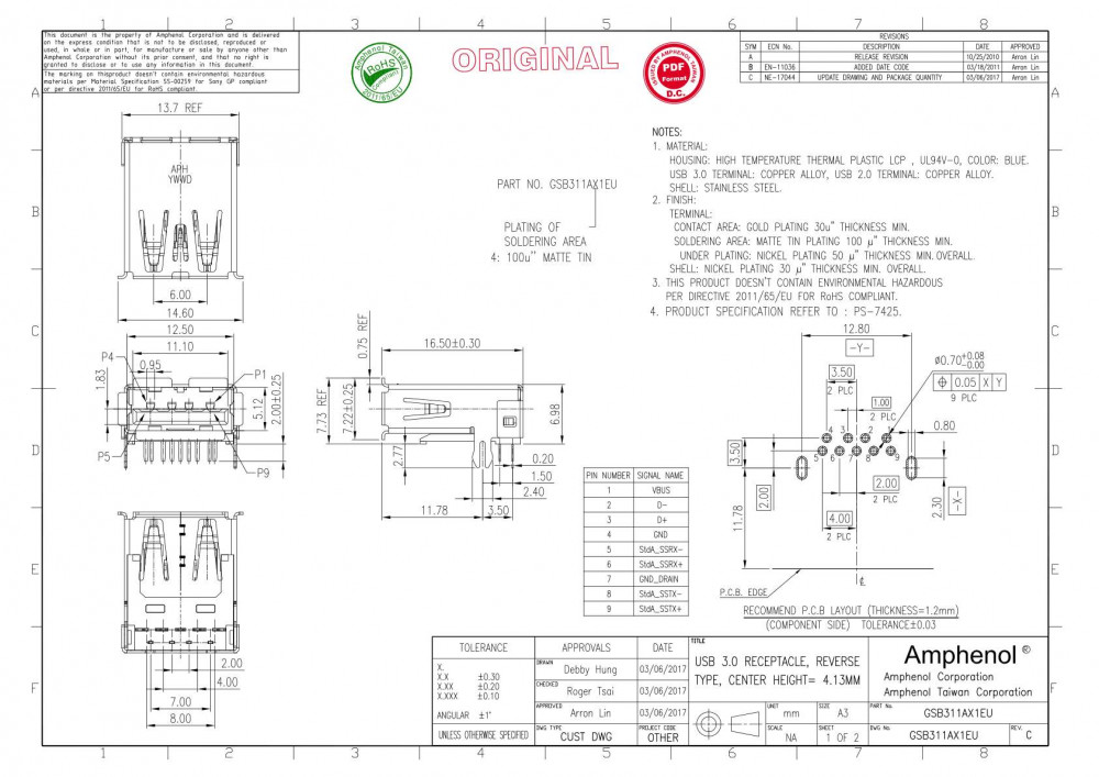 Amphenol GSB311A41EU technical drawing page 1