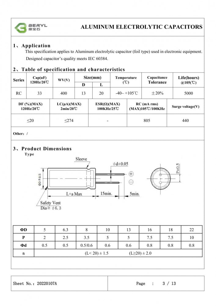BERYL RC400M330LO13*20TH-2A1Et datasheet page 3
