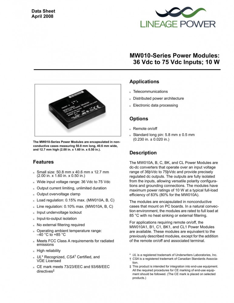 MW010A datasheet page 1