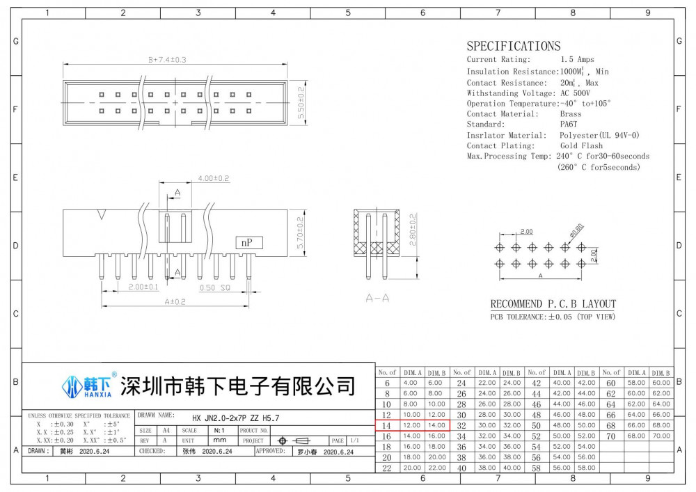 HX JN2.0-2x7P ZZ H5.7 technical drawing