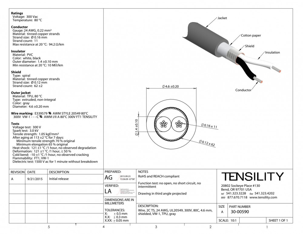 Tensility 30-00590 product drawing and construction notes