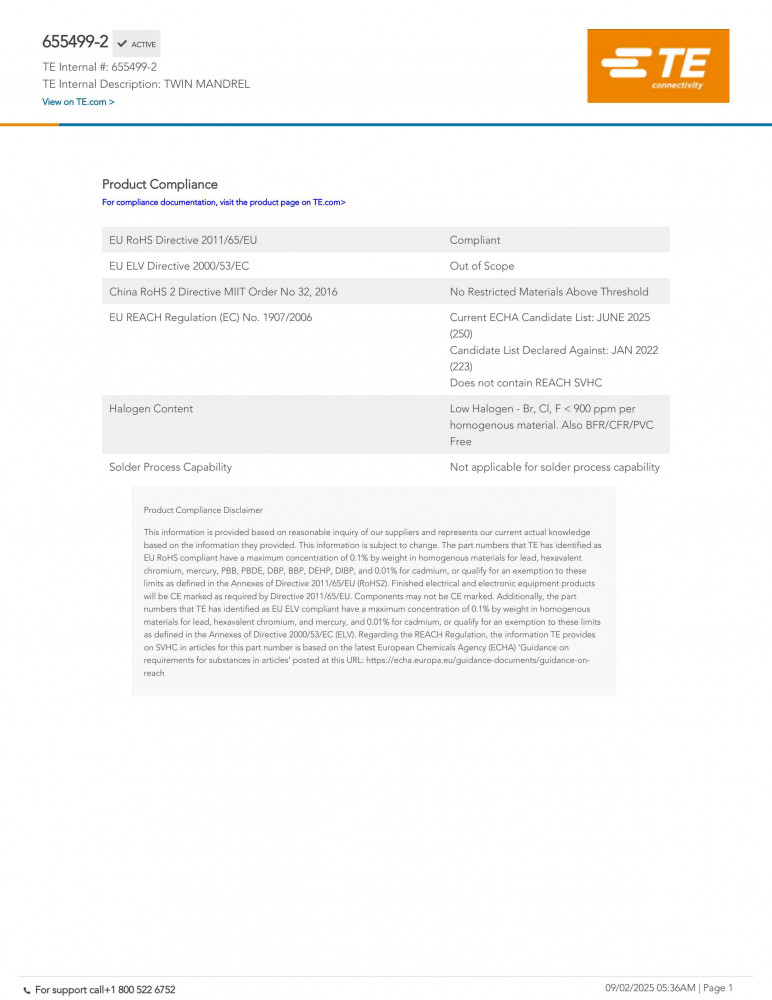 Technical document image associated with product 655499-2
