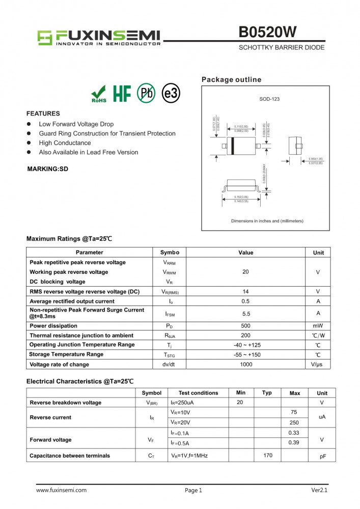 B0520W datasheet page 1