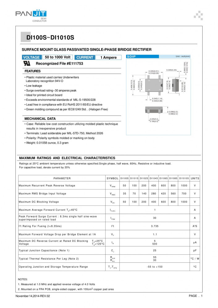 PANJIT DI108S datasheet page 1