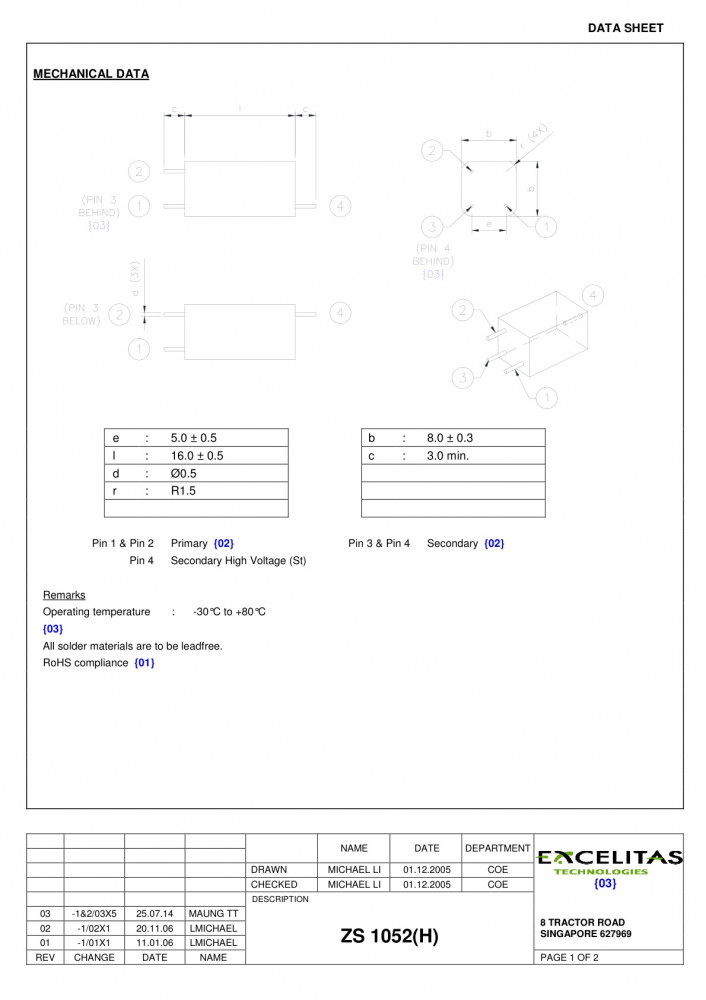 ZS1052(H) mechanical data and pin assignment drawing