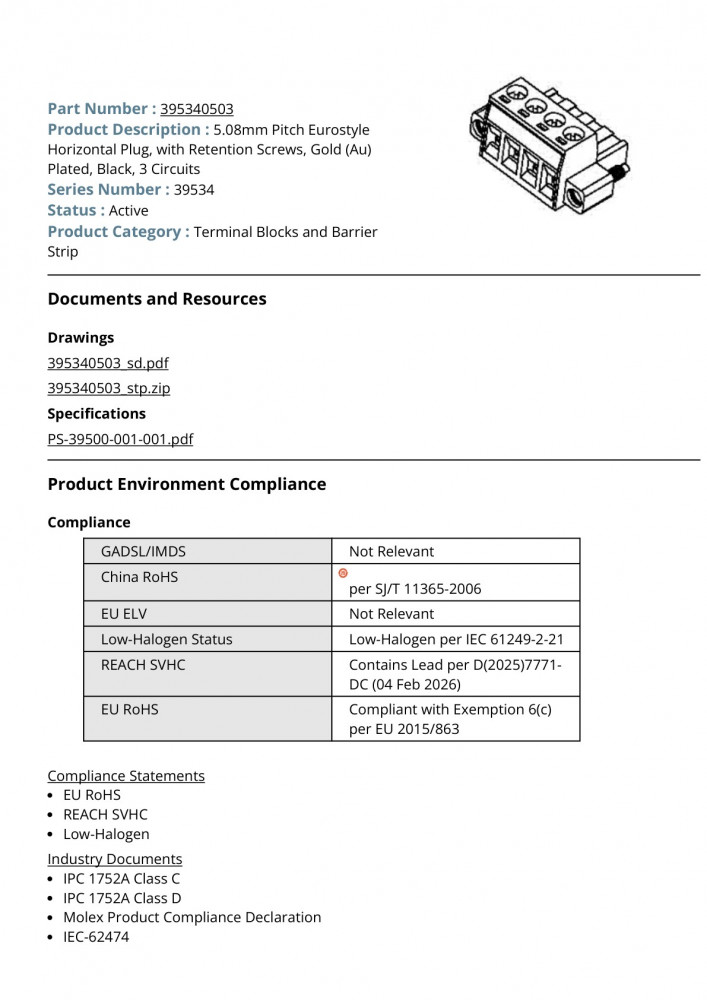 Molex ESE Eurostyle terminal blocks document image, page 1