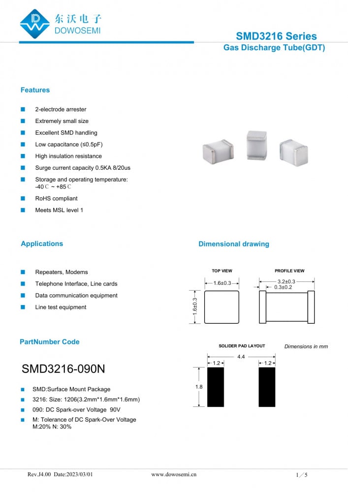 DOWO SMD3216 gas discharge tube datasheet page 1
