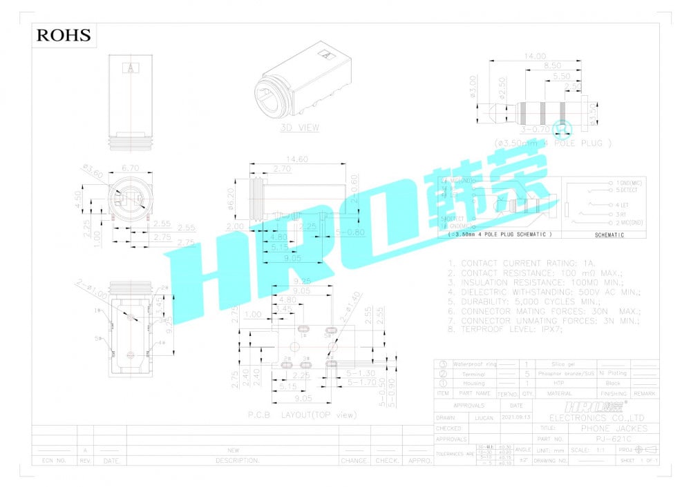 PJ-621C technical drawing and product documentation