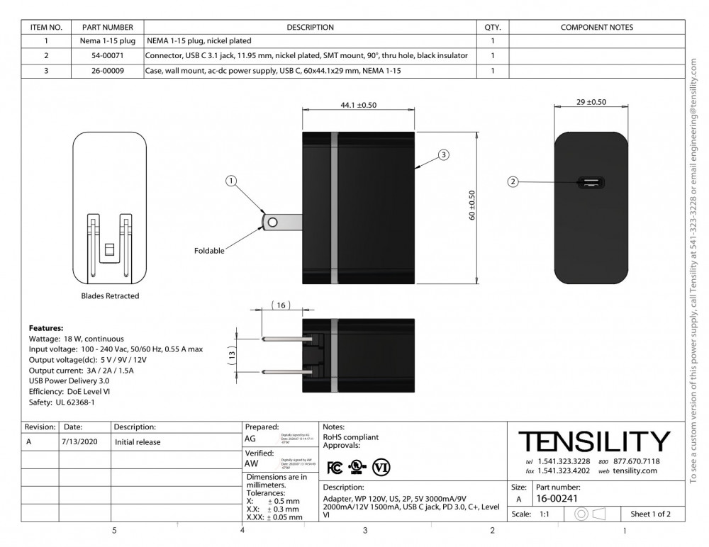 Tensility International 16-00241 product drawing, page 1