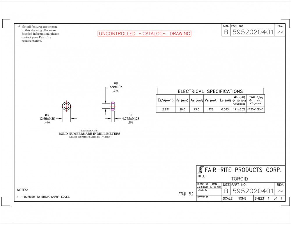 Fair-Rite 5952020401 Size B drawing preview
