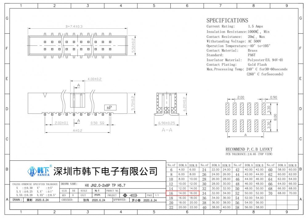 HANXIA HX JN2.0-2x8P TP H5.7 specification drawing