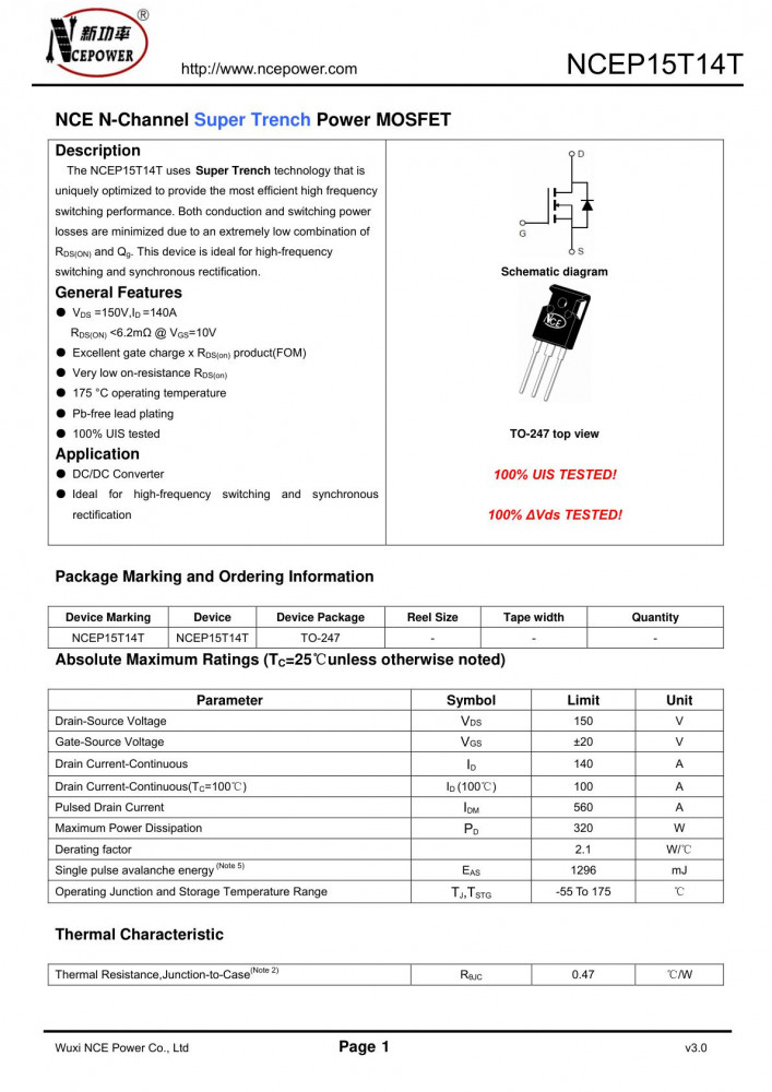 NCEP15T14T datasheet page 1