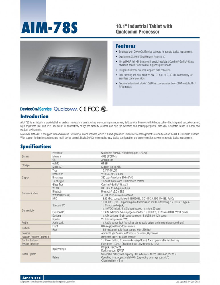 ADVANTECH AIM-78S product document, page 1