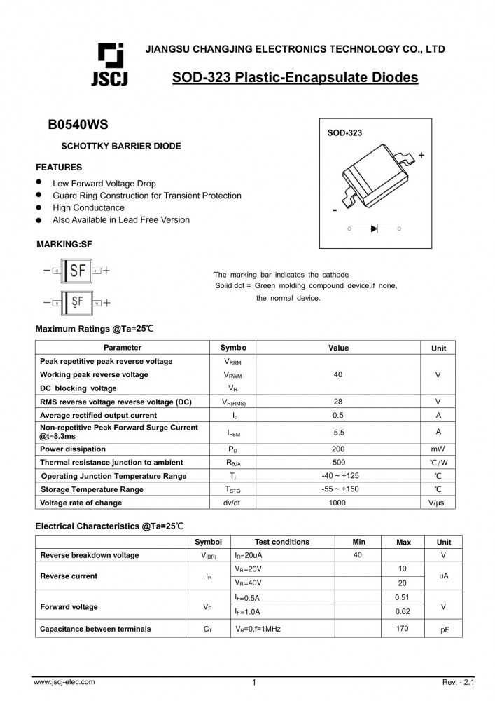 B0540WS datasheet page 1