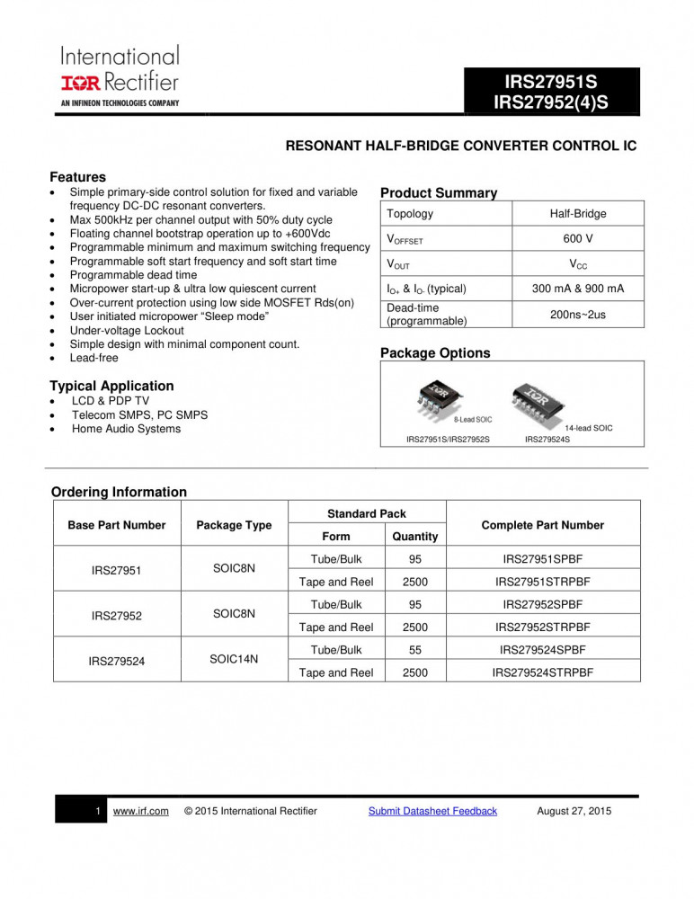 IRS27952STRPBF datasheet page 1