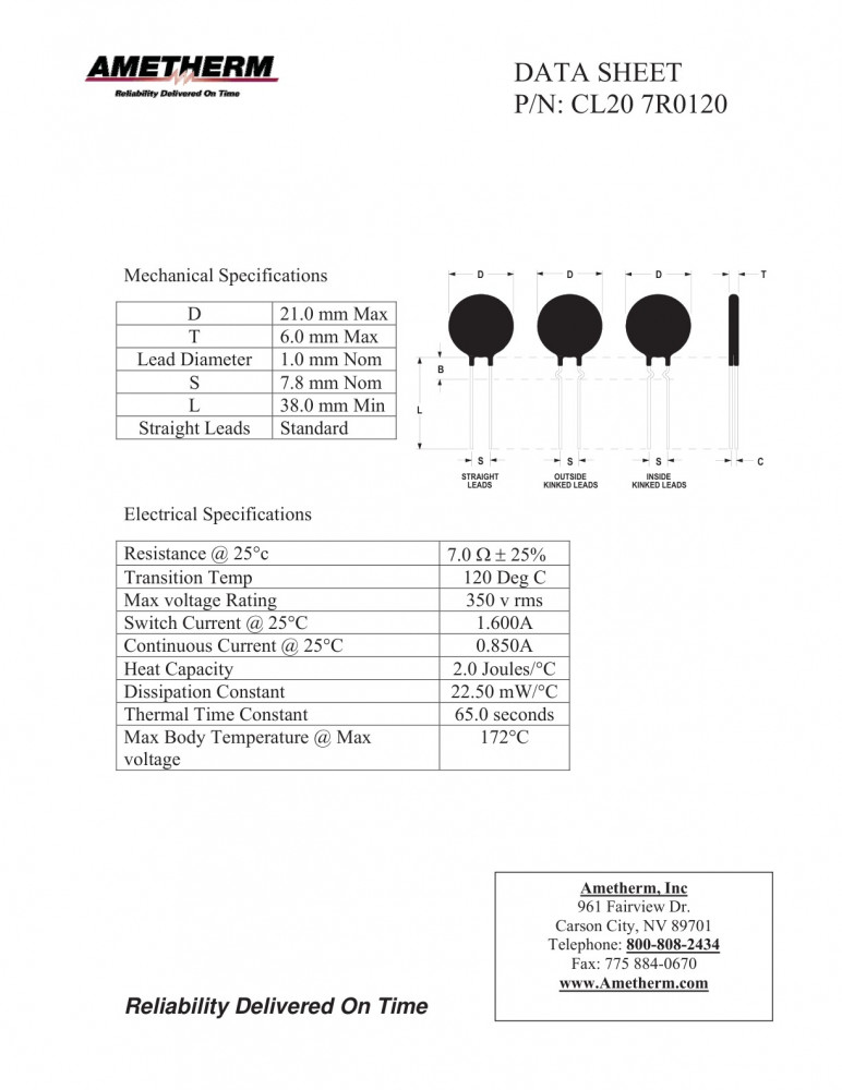 Ametherm CL20 7R0120 technical document preview