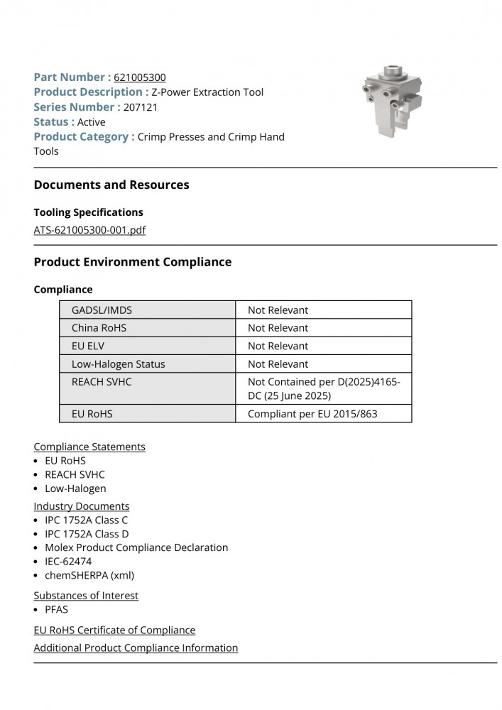 Molex tooling specification document, page 1