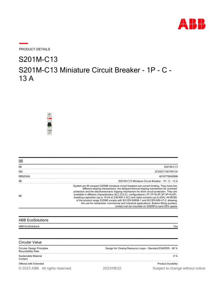 ABB S201M-C13 technical document page 1