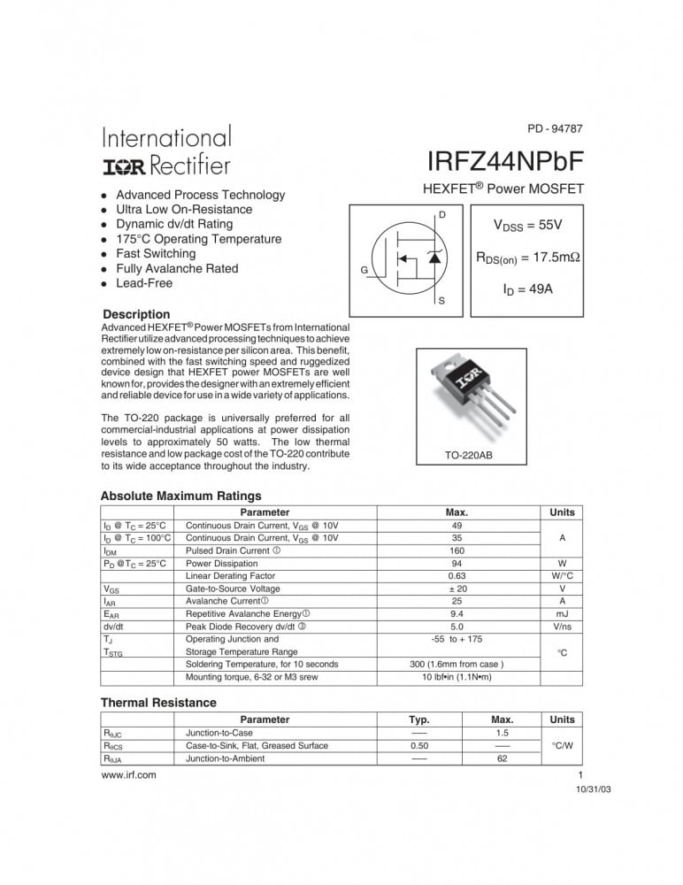 IRFZ44NPBF datasheet page 1