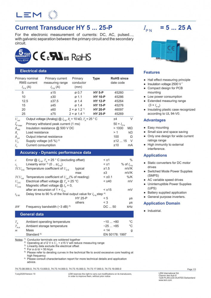 LEM HY 20-P technical document page 1