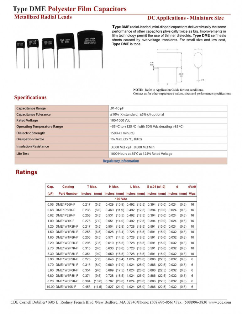 CDE DME polyester film capacitor datasheet page 1
