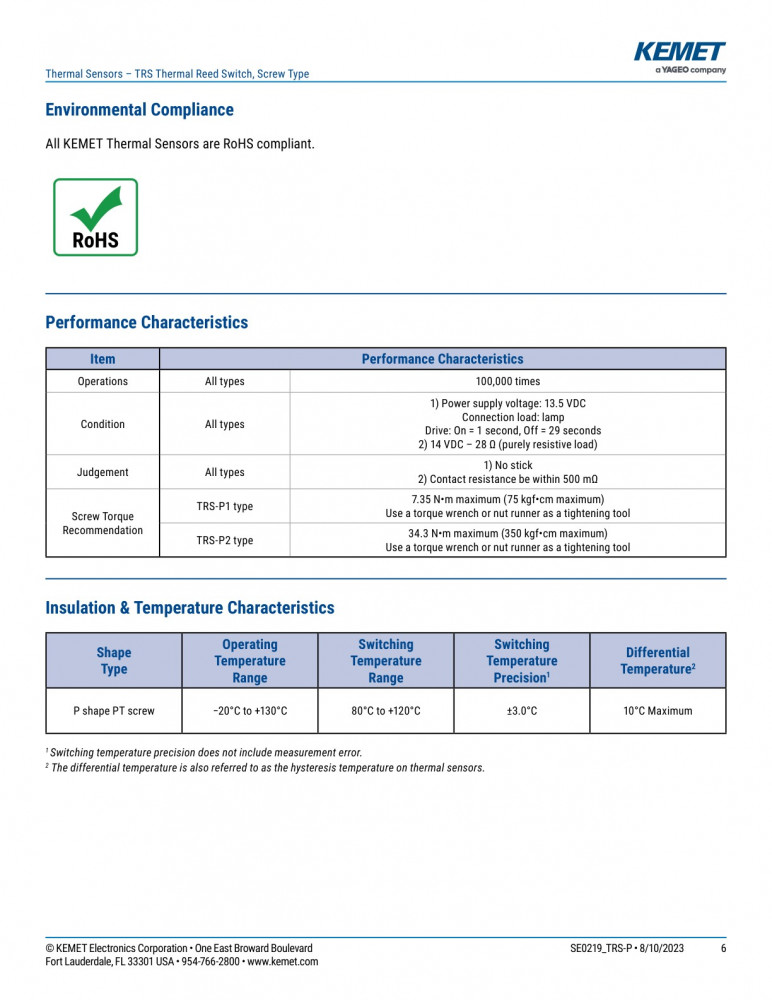 KEMET TRS thermal reed switch datasheet page 6