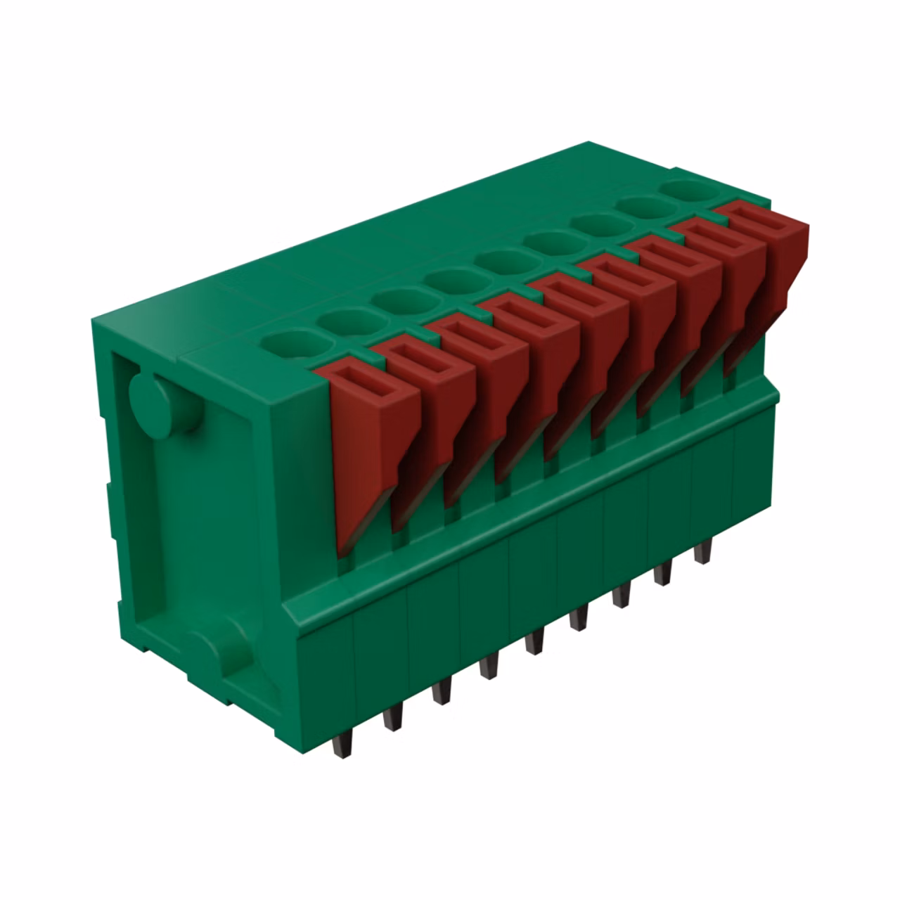 2.54mm Pitch, Eurostyle Fixed-Mount Push-Button Terminal Block, Vertical, 6A, 26-18 AWG, Green, 9 Circuits for sale