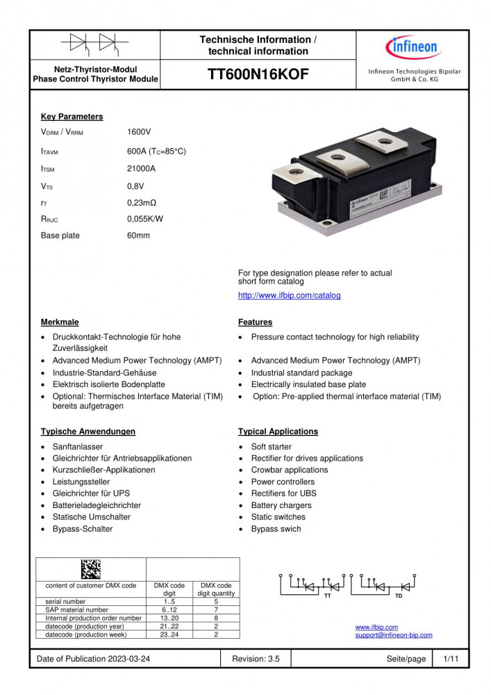 TD600N16KOF technical document page 1