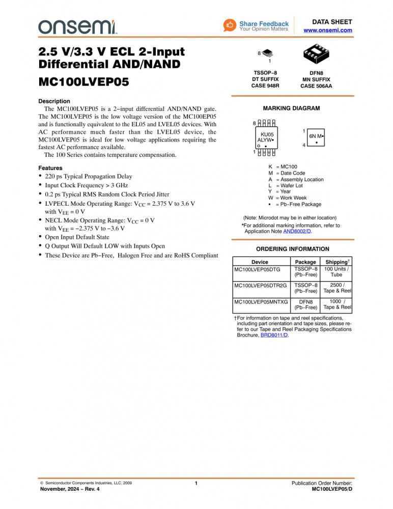 MC100LVEP05 datasheet page 1