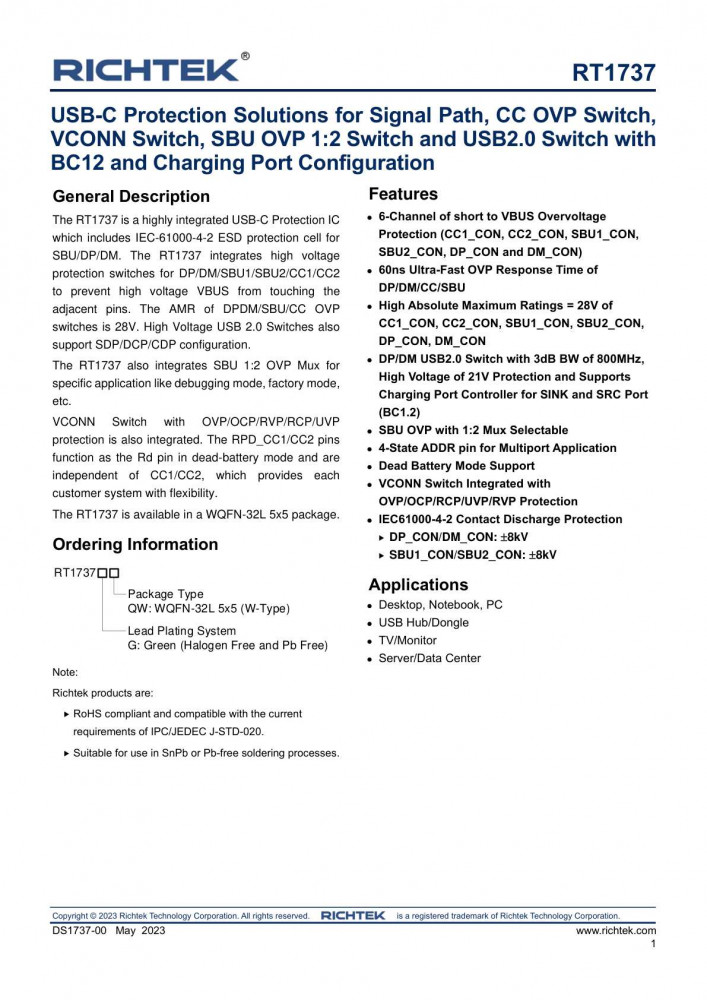 RT1737 datasheet page 1
