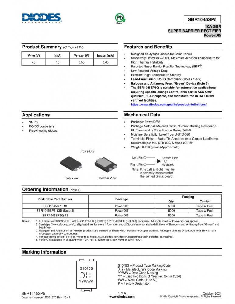 SBR1045SP5-13 datasheet page 1