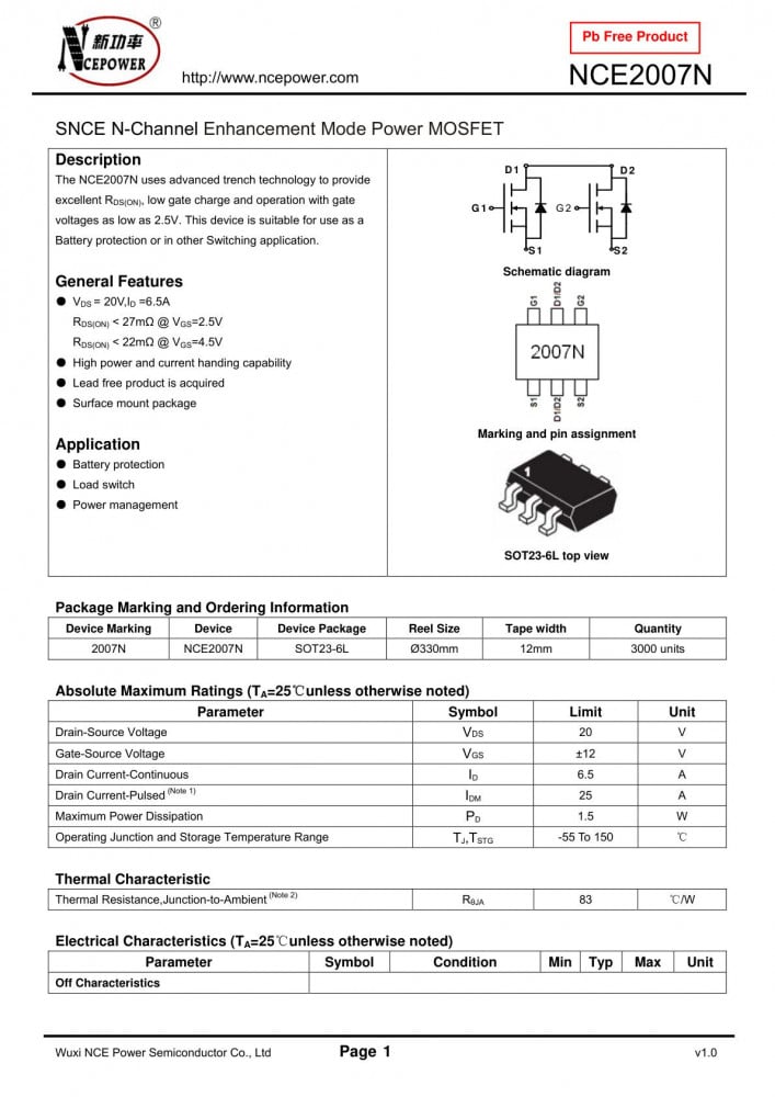 NCE2007N datasheet page 1