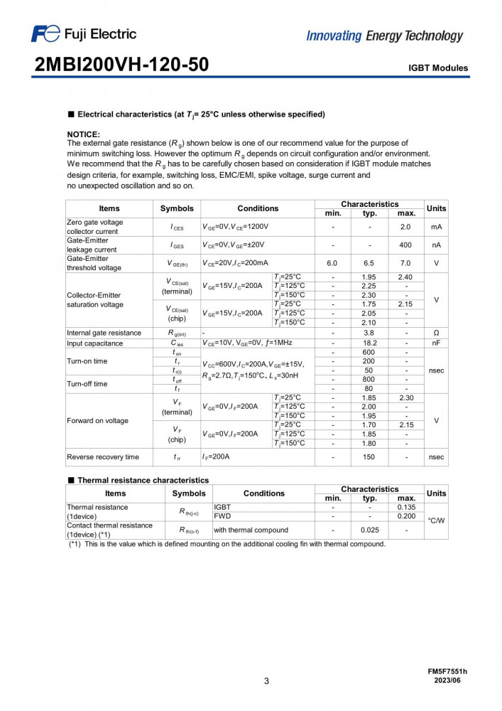 2MBI200VH-120-50 technical document page 3