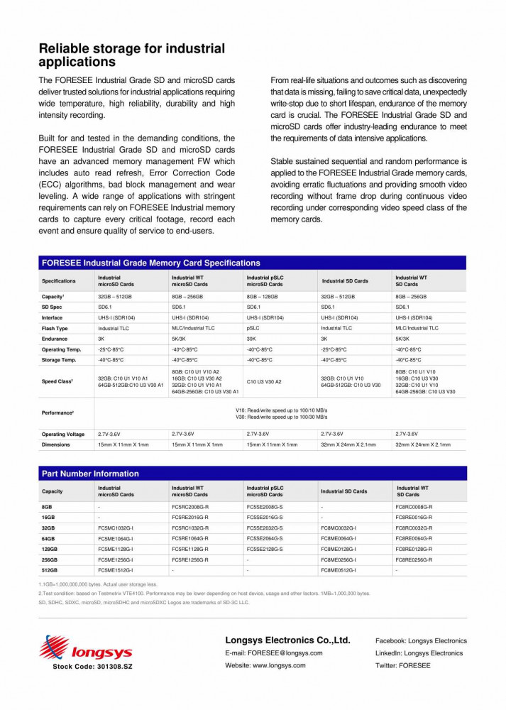 FORESEE industrial memory card documentation page 2