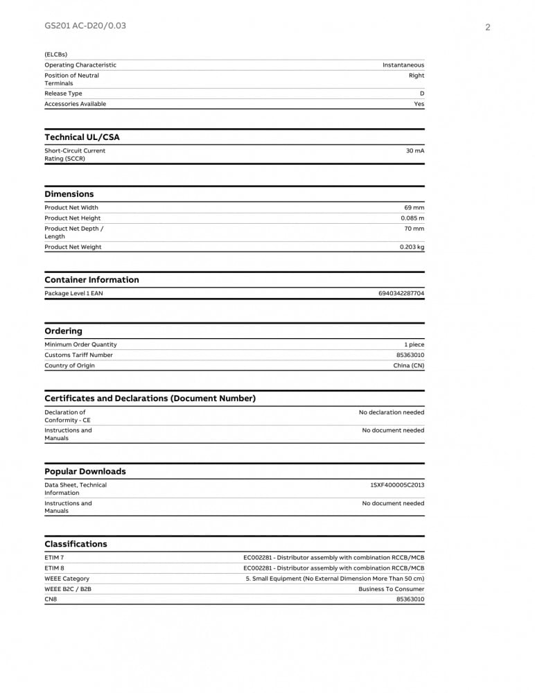 GS201 AC-D20/0.03 technical document page 2