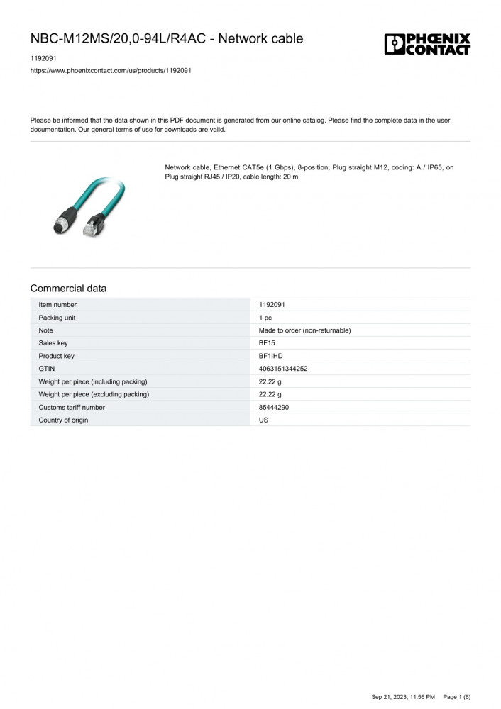 Phoenix Contact 1192091 technical document page 1
