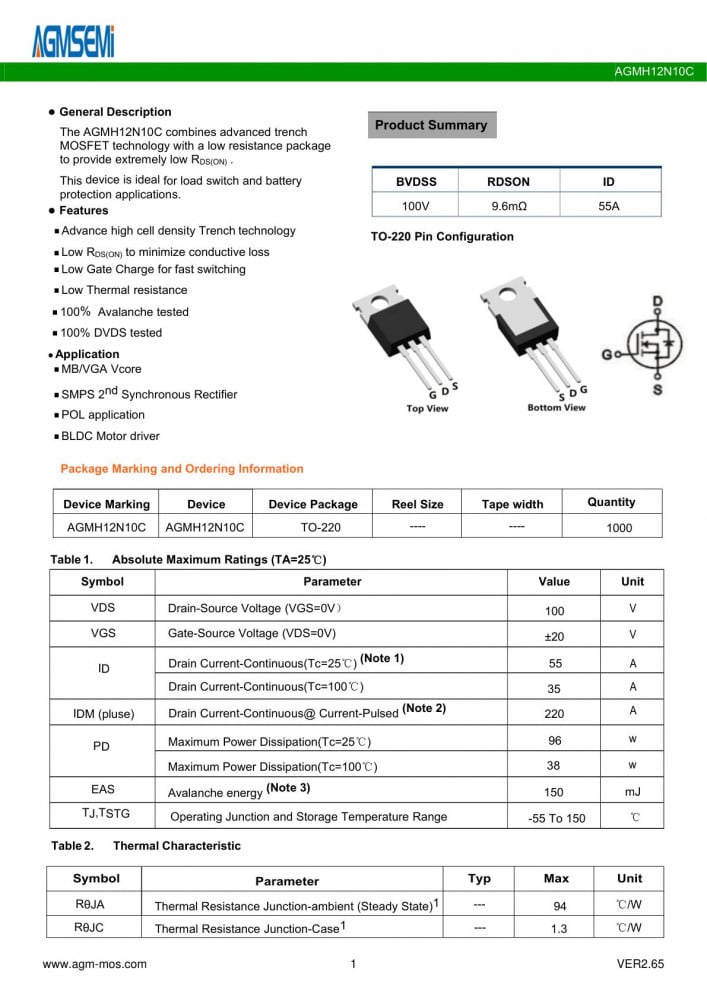 AGMH12N10C datasheet page 1
