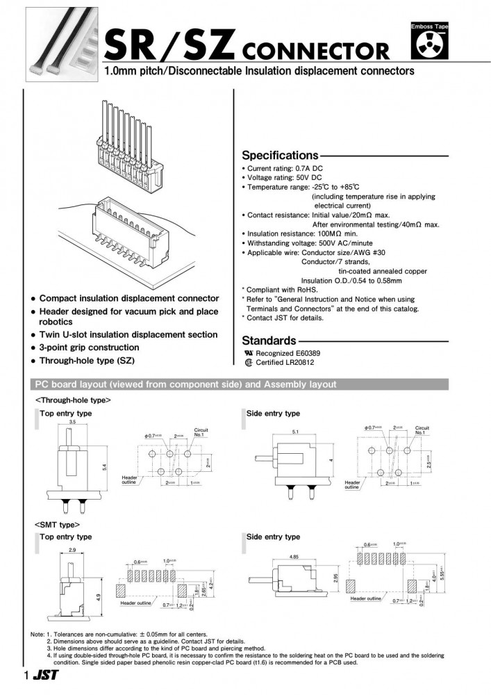 JST SR/SZ connector catalog page 1