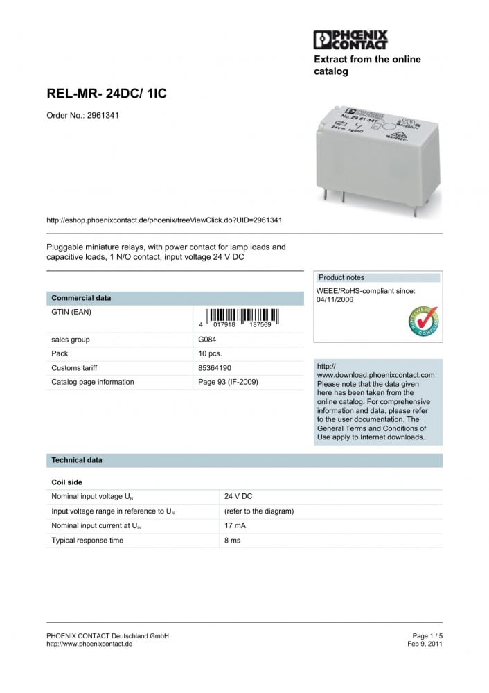 Phoenix Contact 2961341 technical document page 1
