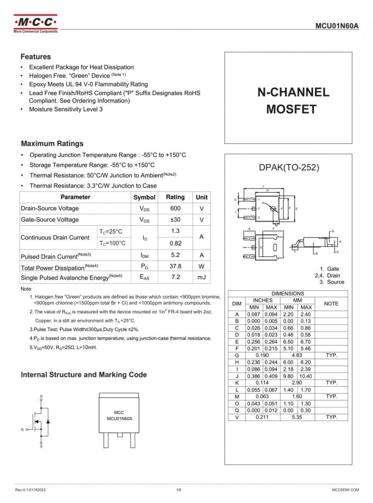 MCU01N60A-TP datasheet page 1