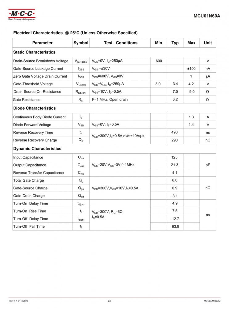 MCU01N60A-TP datasheet page 2